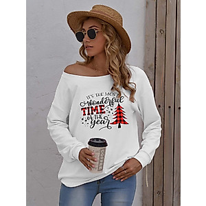 SENFURE Merry Christmas Sweatshirts for Women Christmas Tree Print Long Sleeve Sweatshirt Off the Shoulder Pullover T-Shirt Top