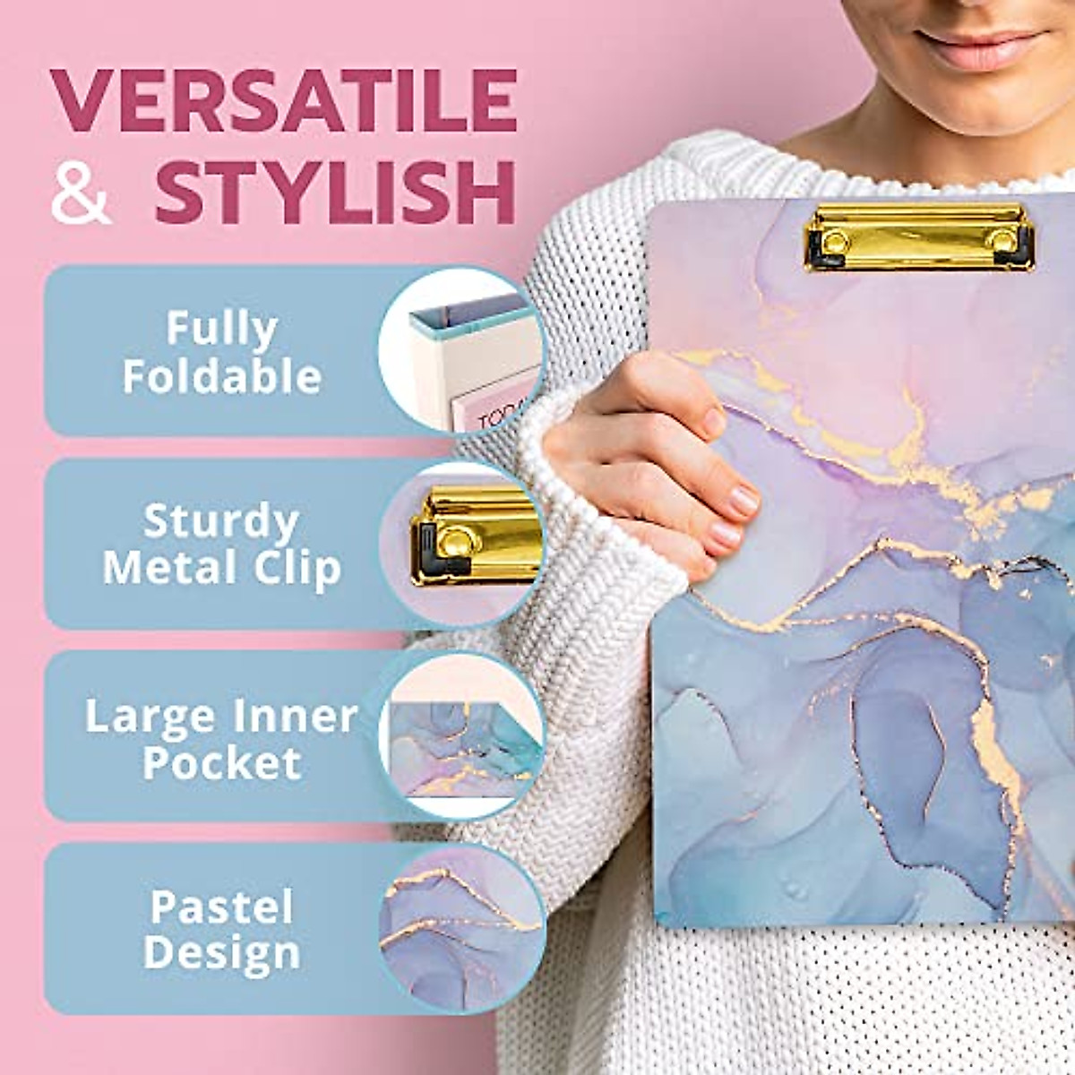 Blue Clipboard Folio with Daily Planner To Do List Notepad, Cute Clipboard Folder, Office Gift for Women, Teal Marble Clipfolio, Pastel Aesthetic Notebook, Clipboard Padfolio with Pocket