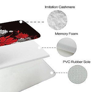 TheBlackSpot Dahlia Floral Bathroom Rugs 20 x 31 White Black and Red Flower Art Bath Mat 16 x 24 Sets 3 Piece Imitation Cashmere Anti Slip Mats U-Shaped Contour Shower Mat