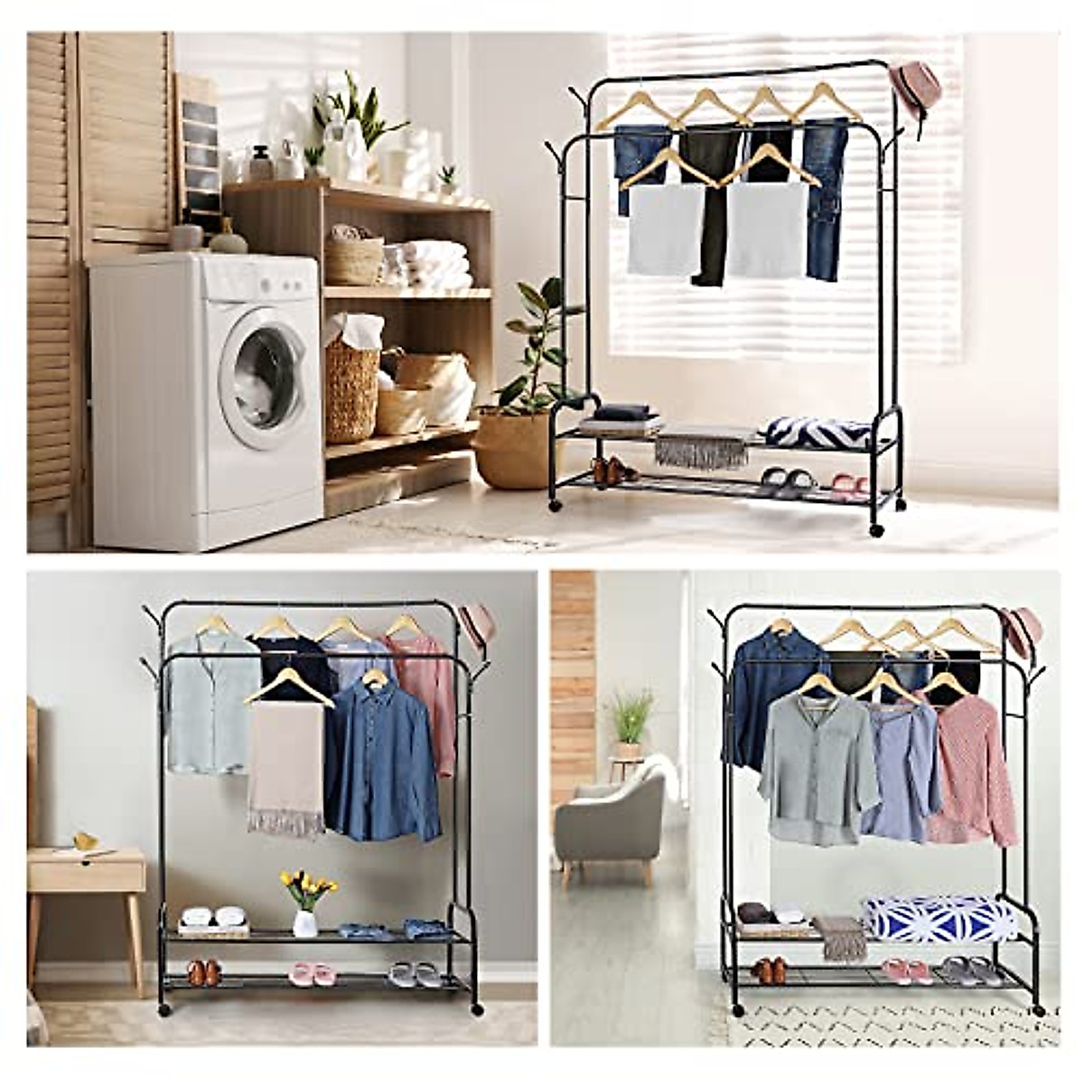 OYEAL Clothing Rack with Shelves Freestanding Garment Rack Clothing Rack on Wheels for Indoor Bedroom Hanging Clothes Hats and Shoes Black