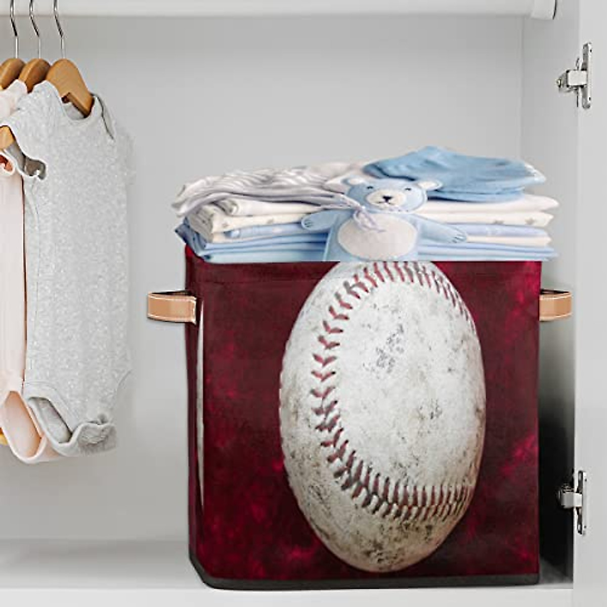 Large Collapsible Storage Bins,Retro Baseball Print Decorative Canvas Fabric Storage Boxes Organizer with Handles,Cube Square Baskets Bin for Home Shelves Closet Nursery Gifts