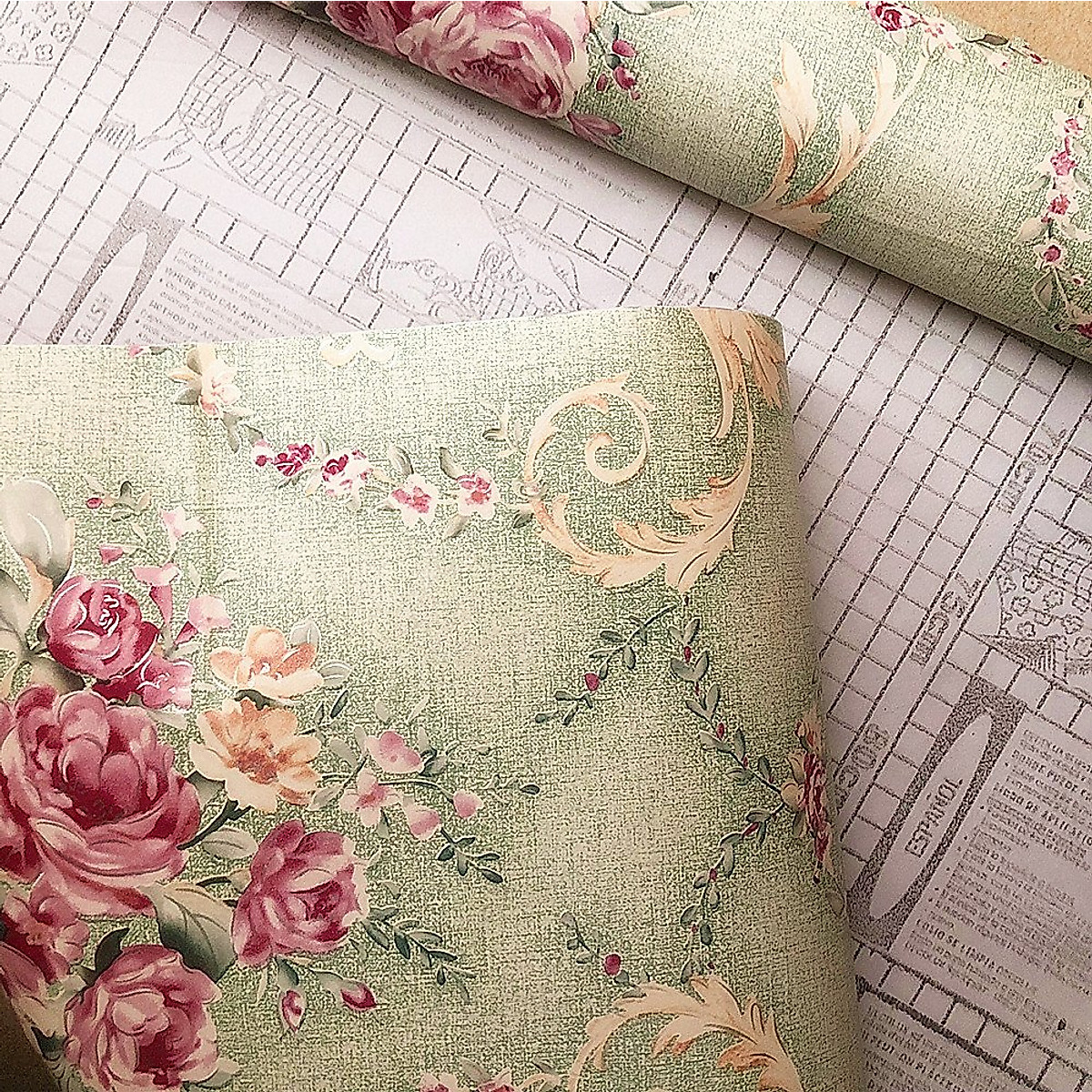 Moyishi Vintage Floral Flower Paper Peel & Stick Shelf Liner Dresser Drawer Sticker 17.7''x78.7'' (Light Green)