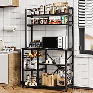 Gizoon Home Kitchen Baker's Rack with Spacious Storage, 5 Tier Versatile Microwave Stand Shelf with Basket & Side Hooks,Free Standing, Sturdy, Durable-Black
