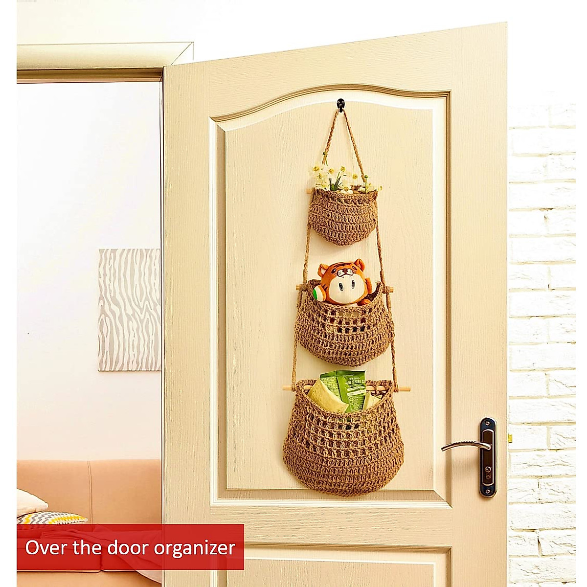 Hanging Fruit Basket, 3 Tier Woven Jute Wall Hanging Basket for Organizing, Hanging Produce Basket for Fruit & Vegetable Storage, Boho Kitchen Decor, Wall Basket Storage for Kitchen, Bedroom, Bathroom