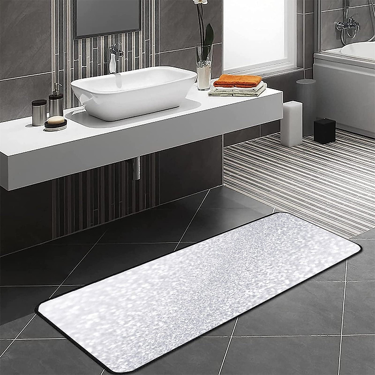 TsyTma Silver Glitter Bling Kitchen Rug Non-Slip Decor Absorbent Kitchen Floor Mat Bathroom Rug Waterproof Runner Rug 39"x20"
