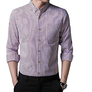 Men's Plaid Long Sleeve Stylish Shirts Striped Lightweight Slim Shirts Classic Business Button Down Dress Shirt (Red,3X-Large)