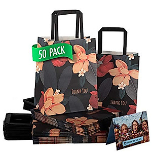 Homeadow Bags - 50 Pcs Thank You Gift Bags, Medium (10"x8"), Paper Shopping Bags For Boutique, Bulk Kraft Paper Bags with Handles, Wedding Favor, Retail Shopping Goody Bags – Black With Tropical Flowers