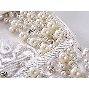 Kedera Women's Embroidered Rivet Pearl Short Denim Jacket Coat (White, Medium)