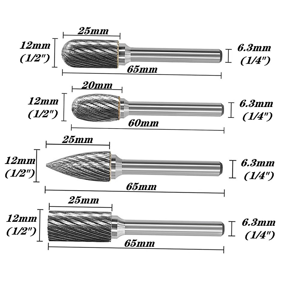 Carbide Burrs 4pcs 12mm Dia 1/4" Shank Single Cut Tungsten Carbide Rotary File Cutting Burs Tool Rotary Drill Die Grinder Bits (4x1/4)