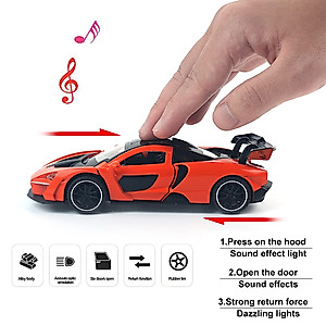 Diecast Toy Car McLaren Senna Sports Car Model,Zinc Alloy Simulation Casting Pull Back Vehicles,1:32 Scale Mini Electronic Supercar Toys with Lights and Music for Toddlers Kids Children Gift (Orange)