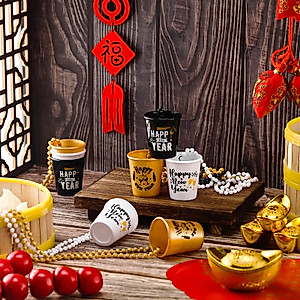 12 Pieces Happy New Year Shot Glass Beaded Necklace Plastic Shot Necklace Cups New Years Party Shot Glasses Necklace Favors for Adults and Teens New Year's Party Family Gathering Supplies, 3 Colors