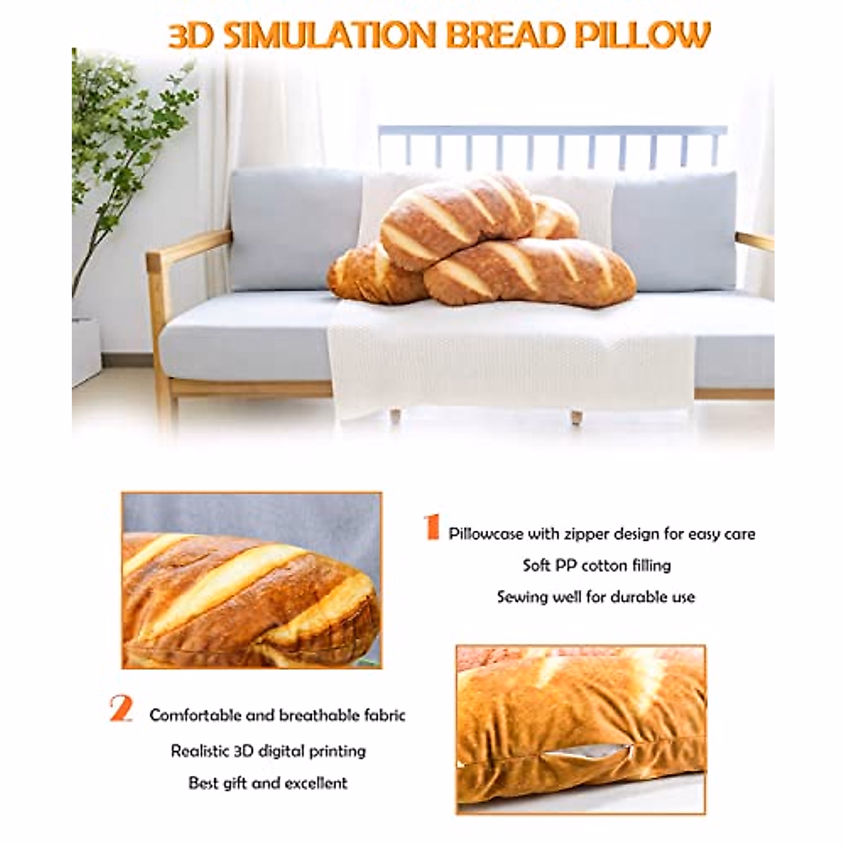 Wepop 40 in 3D Simulation Bread Shape Pillow Soft Lumbar Baguette Back Cushion Funny Food Plush Stuffed Toy