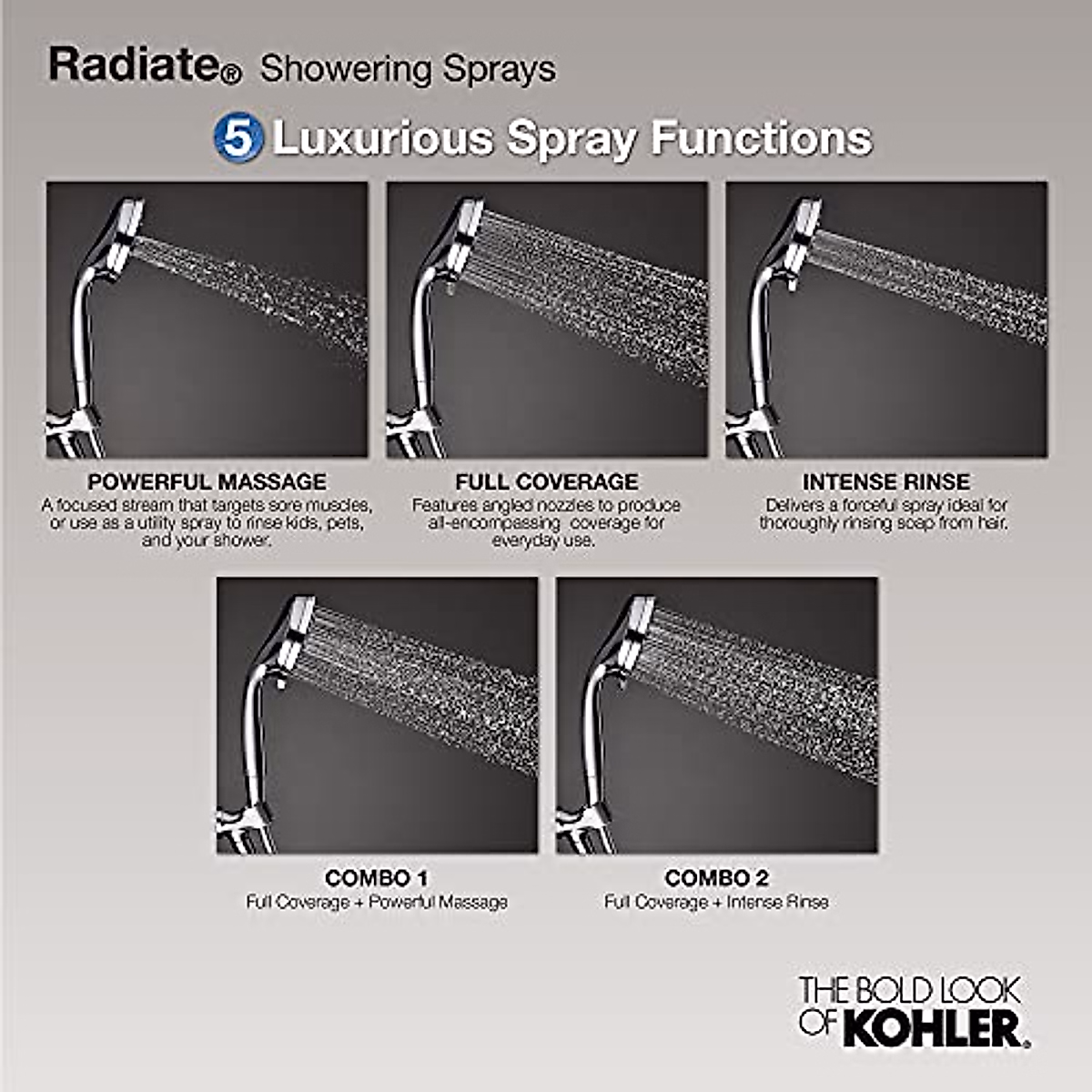Kohler Handshower, Radiate, 1.75 GPM, Multifunction Handshower, 5-spray handshower, Polished Chrome, Includes Handshower Hose, K-R75562-G-CP