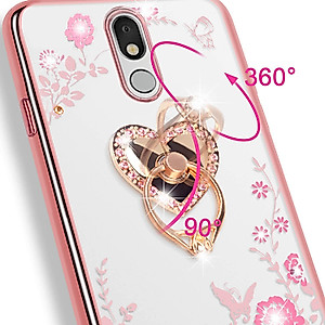LG Stylo 5 Case,Glitter Crystal Butterfly Heart Floral Cute for Girls Women,Stylo 5 Plus/Stylus 5/LG Stylo 5V/LG Stylo 5X Case Slim Soft TPU Clear Case with Ring Stand for LG Stylo 5 (Rose Gold)