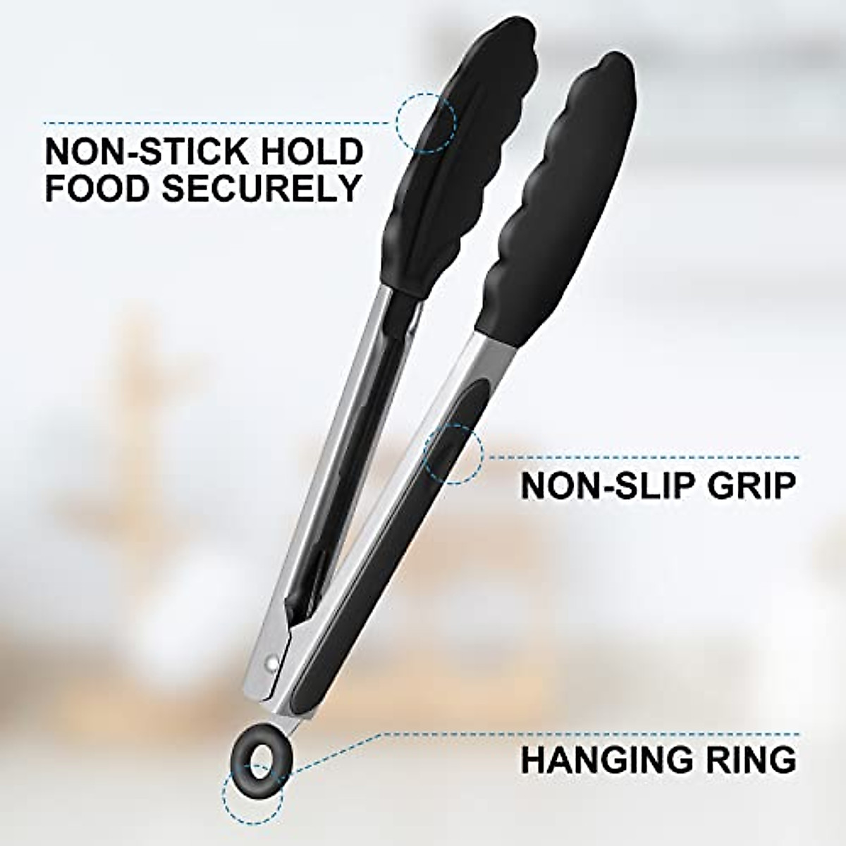 EEKEDO Kitchen Tongs, Stainless Steel Silicone Tongs for Cooking 600ºF High Heat-Resistant BBQ Grilling Locking Tongs, Set of 2-9" and 12"