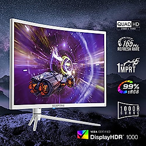 Sceptre Curved 32-inch QHD Gaming Monitor 2560 x 1440 up to 165Hz 144Hz 1ms HDR1000 99% sRGB, Light Sensor Height Adjustable DP HDMI USB Type C 3.1 Build-in Speakers Nebula White (C325B-QWN168W)