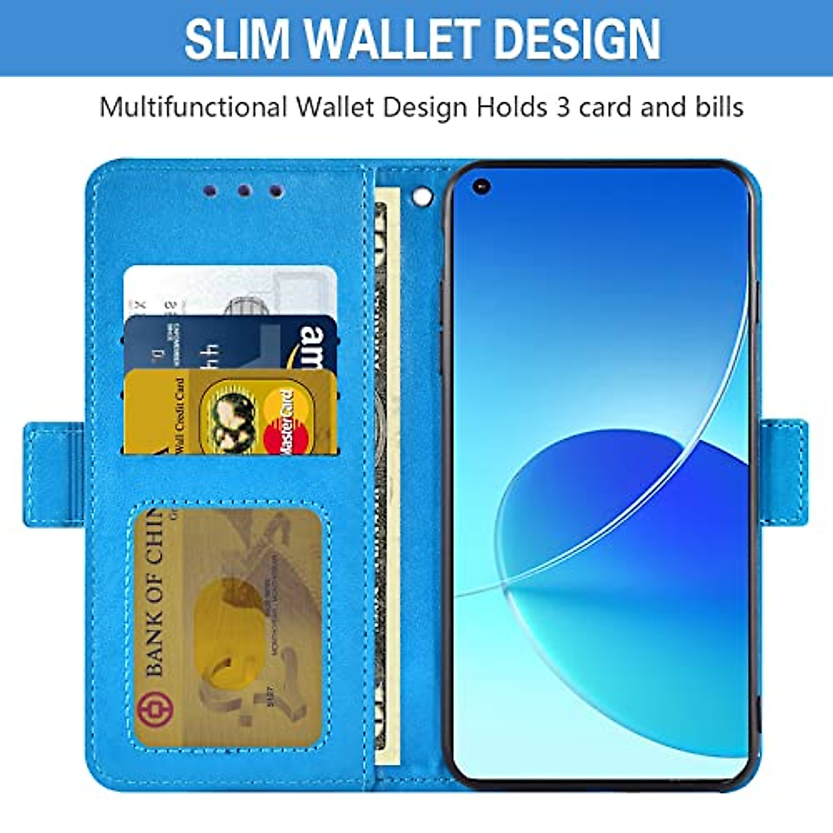 Asuwish Compatible with Oppo Reno 6 5G Wallet Case and Tempered Glass Screen Protector Credit Card Holder Flip Purse Accessories Wrist Strap Stand Folio Cell Phone Cover for Reno6 2021 Women Men Blue