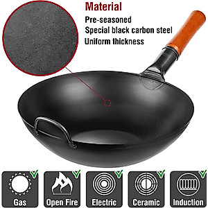 YOSUKATA Carbon Steel Wok Pan 13,5“ + 17’’ Wok Spatula and Ladle - Set of 2 Heat-Resistant Wok Tools + Premium Wok Cover 13,5 inch Pan Lid