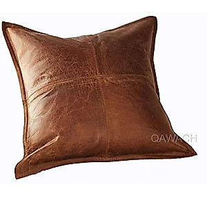 QAWACH Lambskin Leather Pillow Cover - Sofa Cushion Case - Decorative Throw Covers for Living Room & Bedroom, 16 x 16 Inches - Tan Antique Box Pack of 2