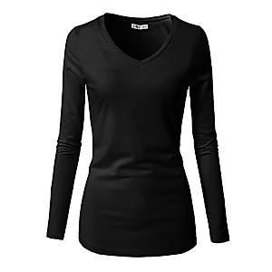 H2H Casual T-Shirts for Women - V Neck Long Sleeve Black US M/Asia M (CWTTL0250)