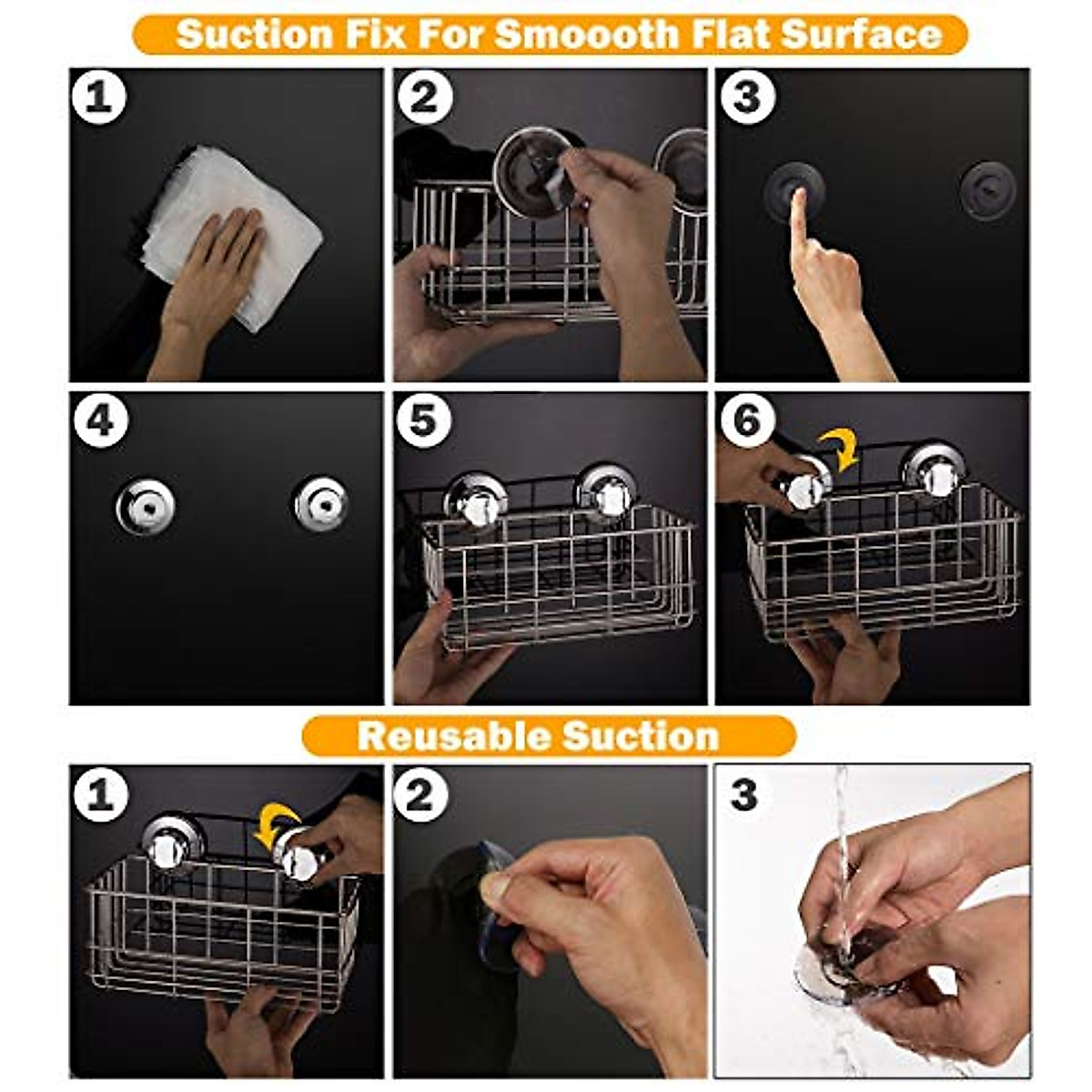 iPEGTOP L-7 Adhesive Suction Cup Deep Caddy Bath Organizer Wall Shelf for Large Shampoo Shower Gel Holder Bathroom Accessories Storage-Rustproof 304 Stainless Steel, 2-Pack, 2 Count