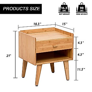 Nightstand Mid-Century Modern Bedside Table with Drawer, Small Nightstand with Adjustable Foot Pad for Bedroom, Recyclable Bamboo (Natural Bamboo)