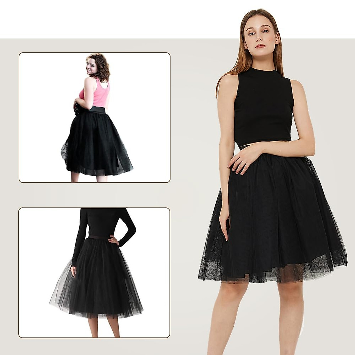 WEISIPU Women's 6 Layer Short A Line Elastic Waistband Tutu Tulle Prom Princess Midi Dance Skirt Black M