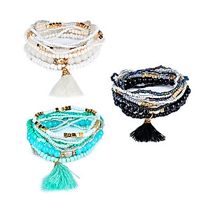LUREME Bohemian Beads Pearl Tassel Multi Strand Textured Stackable Bangle Bracelet Set-White(bl003054-1)