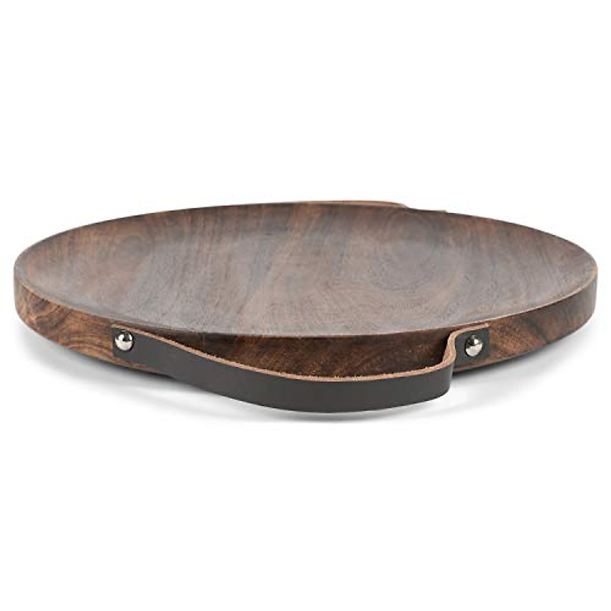 Round Natural Dark Finish 16 x 16 Mango Wood Round Tray With Leather Handles