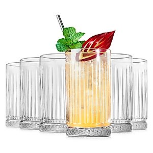 LUXU Highball Glasses 14 fl.oz,Set of 6, Lead-free Drinking Glasses with Heavy Base,Premium Collins Tumblers for Water/Juice/Cocktails/Beverages,Beautiful Striped Look Glassware,Dishwasher Safe