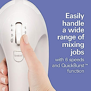 Hamilton Beach 6-Speed Electric Hand Mixer with Whisk, Dough Hooks and Easy Clean Beaters, Snap-On Storage Case, White