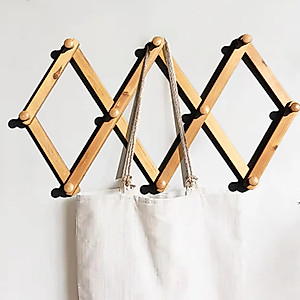 PJCOLL Vintage Wooden Organza Wall Rack with 10 Hooks, Expandable Wooden Wall-Mounted Coat Rack, Handmade Hat Rack Wall