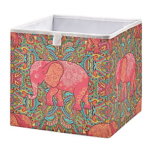 Kigai Paisley Elephant Cube Storage Bin, Large Collapsible Organizer Storage Basket for Home Office Décor, 11 x 11 x 11 in