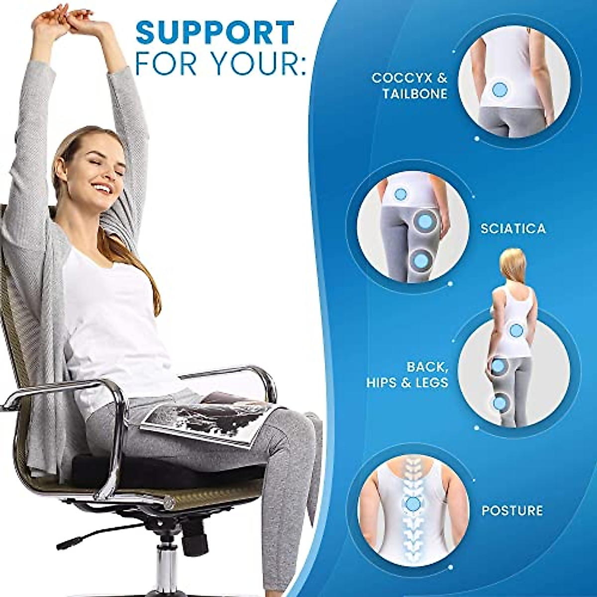 Everlasting Comfort Bundle - Office Chair Seat Cushion, Lumbar Support Pillow and Under Desk Foot Rest Under Desk