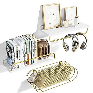 Love-KANKEI Floating Shelves Wall Mounted, Bathroom Shelf with Towel Bar, Wall Shelves with Wire Storage Basket,Wood Shelves for Kitchen Bedroom Living Room, Set of 3 White and Gold