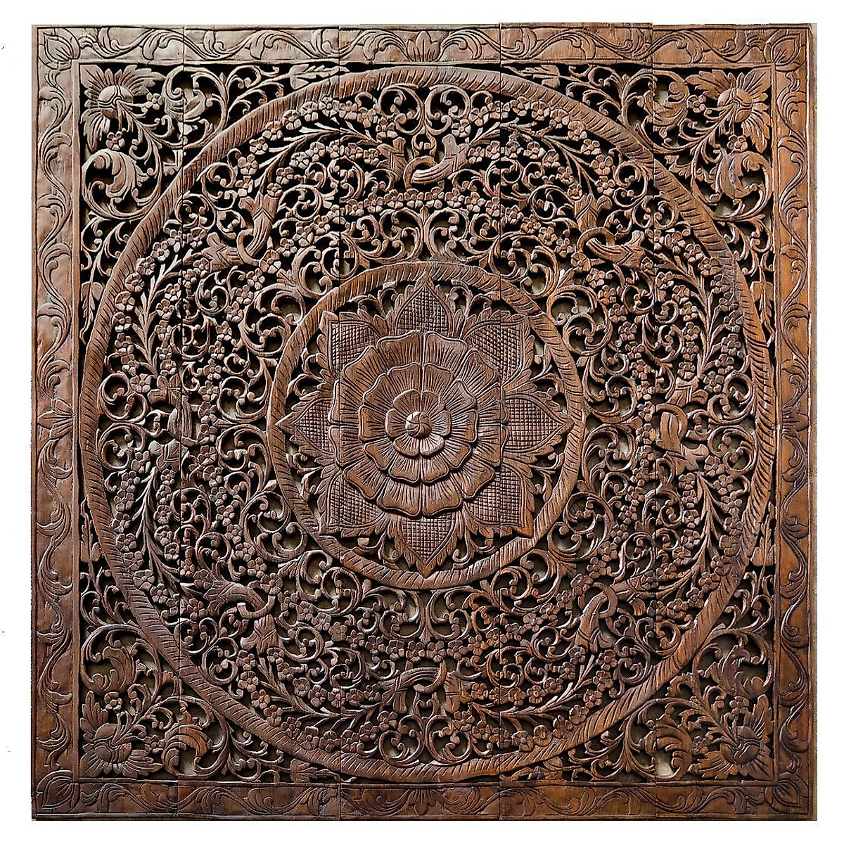 Hand Carved Flower Wood Carving Queen Size Bed Headboard Wall Mounted Sculpture 60 inches