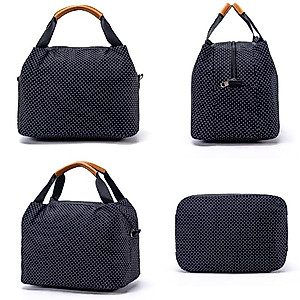 CALIYO Lunch Bag for Women, Insulated Kids Lunch Container with Leather Holder, Foldable Cute Small Cooler Polka Dot Lunch Tote Bag for Office School Picnic Camping Travel, 9L,Black