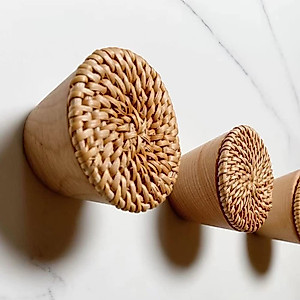 Bohoify 3pc Boho Rattan Wicker Woven Wood Wall Hooks, Handmade Wall Mounts, Rustic Wooden Hook for Hats, Scarfs, Bags, Decorative Home Decor Bathroom Clothes Hanger Organizer (50mm x 35mm, Caramel)