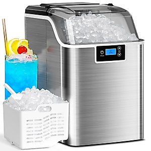 Nugget Countertop Ice Maker with Soft Chewable Pellet Ice, Self Cleaning,44lbs/Day,LED 24H Timer, with Ice Scoop and Ice Basket,Sonic ice for Home & Kitchen Bar Party,Stainless Steel Silver