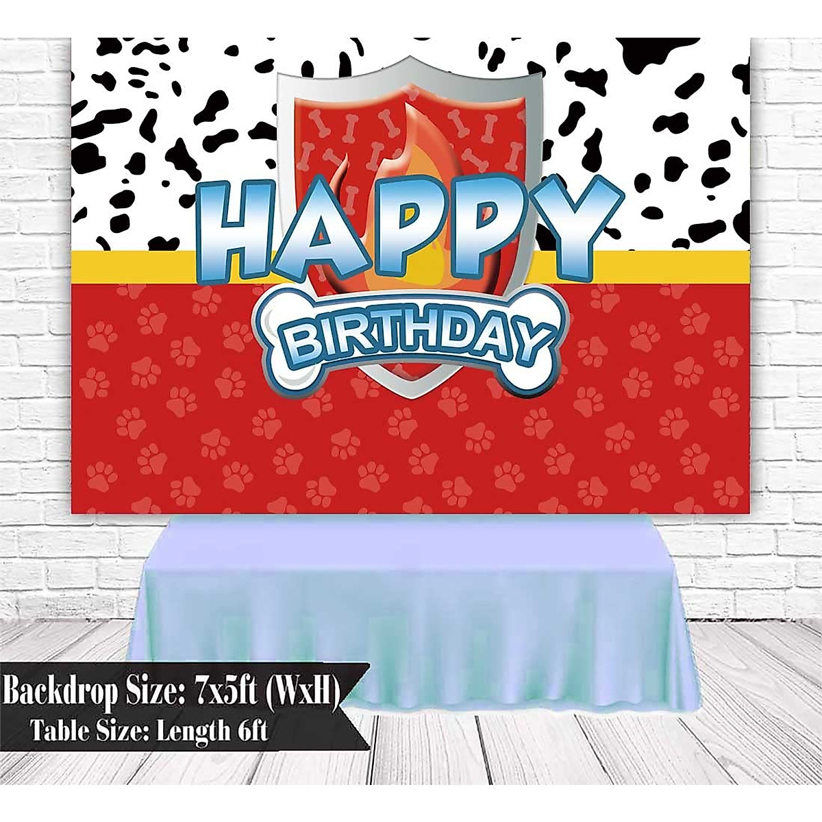 7x5ft Dog Patrol Birthday Backdrop Paw Print Red Fire Shield Happy Birthday Banner Decorations Background for Boys Girls Puppy Dog Birthday Party Cake Table Supplies