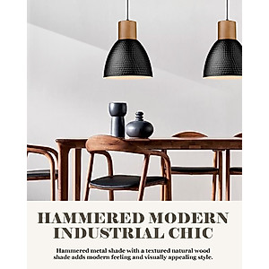 ELYONA Industrial Pendant Light, Hammered Hanging Lamp with Solid Wood & Metal Shade, Modern Pendant Light Fixtures for Kitchen Island, Bar, Farmhouse Dining Room, Bedroom, Living Room - Black
