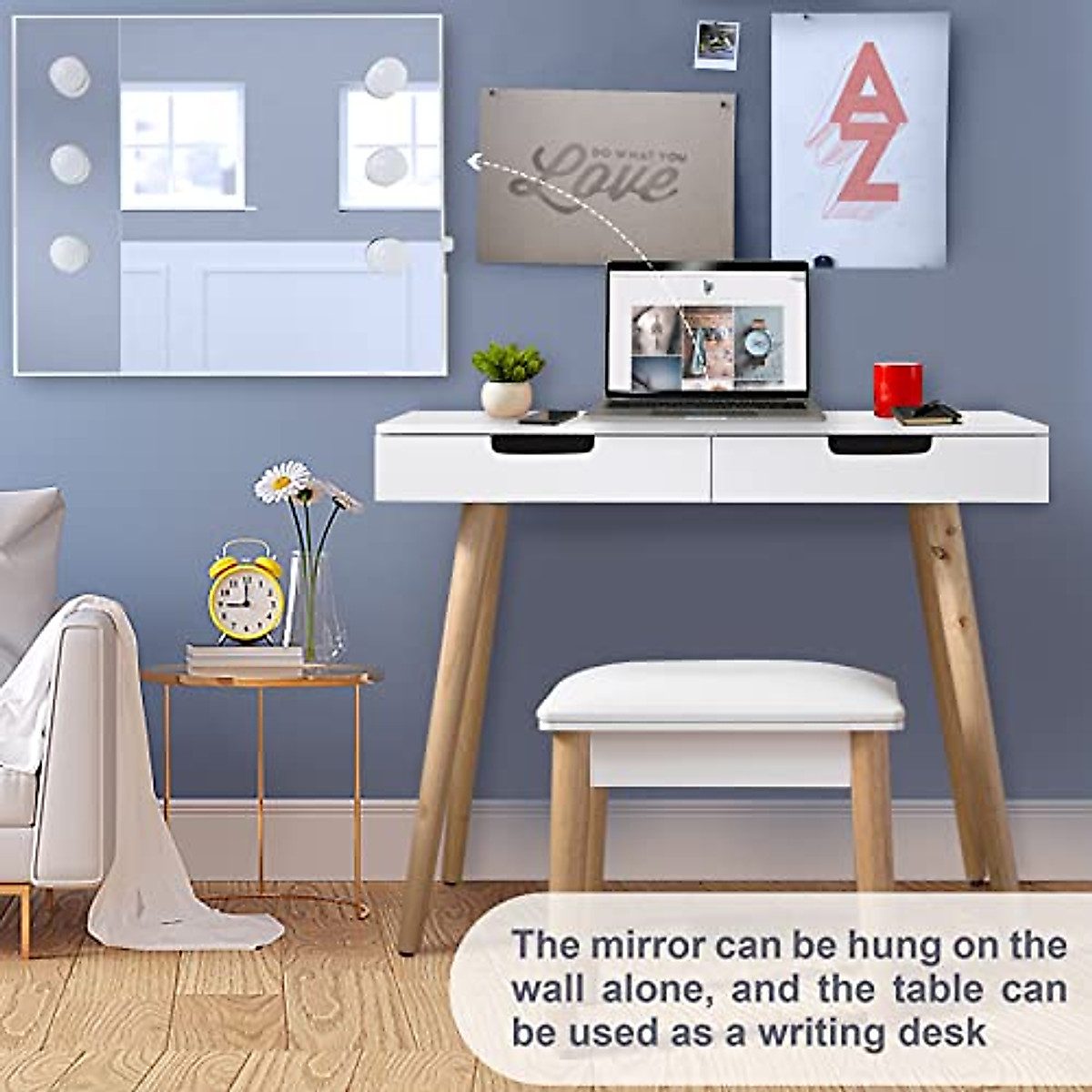 Makeup Vanity Set with 6 LED Lights, Makeup Vanity Desk with 2 Drawers & Large Desktop, 3-Color Adjustable Brightness LED Dressing Table with Cushioned Stool, for Women Girls