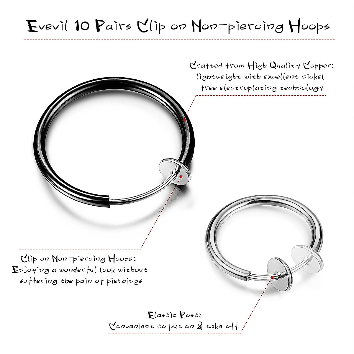 Evevil Fake Nose Ring Clip On Hoop Earrings For Women Faux Lip Septum Ring Spring Endless Hoop Earrings Non Piercing Lobes Men Women (10 Pairs,13mm-25mm,Steel Plated & Black Plated Color)