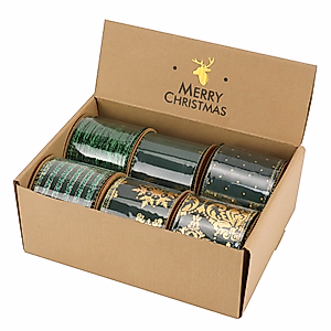 HUIHUANG Green Velvet Christmas Ribbons - Wired for Trees, Wreaths, Garlands, Bows - 2-1/2" x 6 Rolls, 36 Yds Total