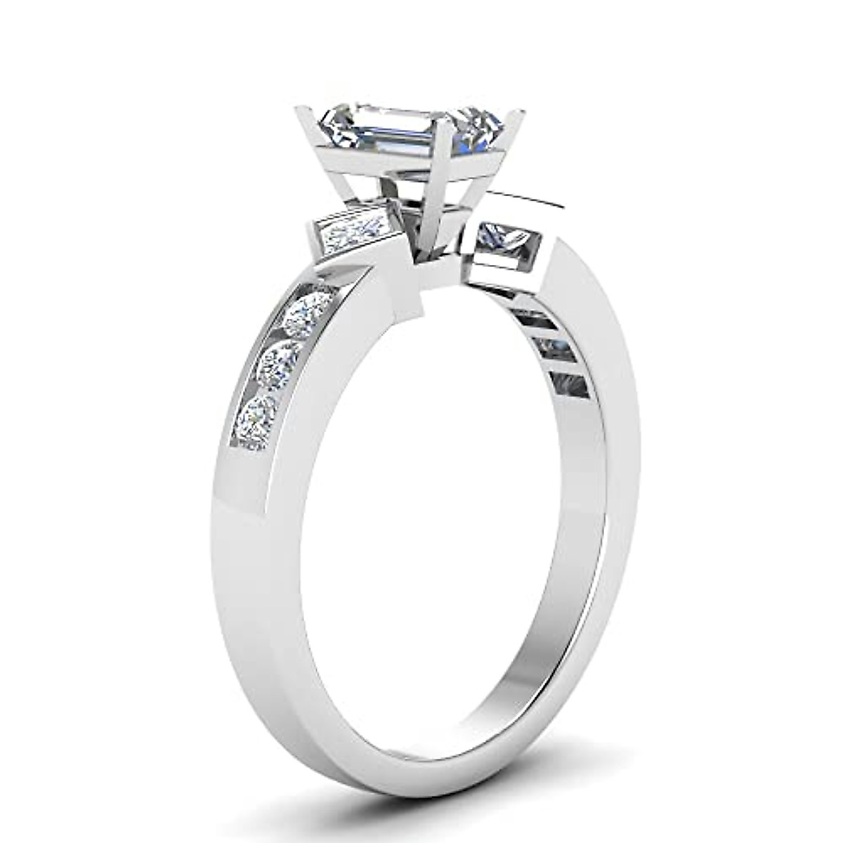 JewelryGift Three Stone Diamond Ring Sterling Silver Created Cubic Zircon Emerald Shape White Color Side Stone Engagement Rings Prong Setting in Size 11 Handcraft Chakra Healing