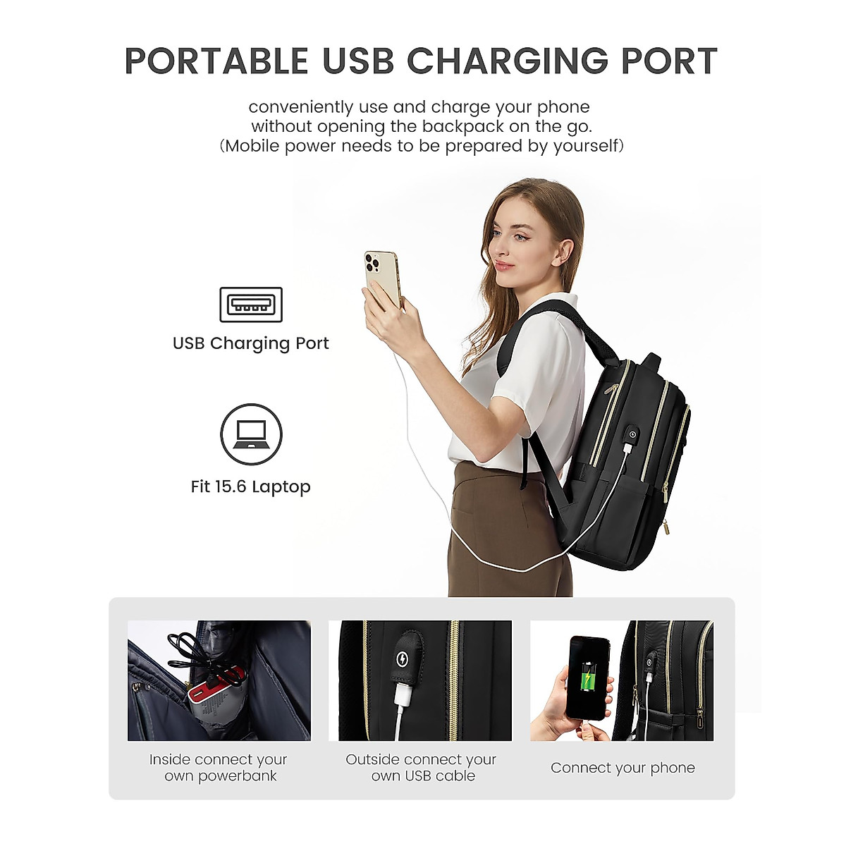 LOVEVOOK Laptop Backpack for Women, Black Business Travel Backpacks with USB Port, Water Resistant Work Teacher Computer Bag, Stylish College School Bookbag, Fits 15.6" Laptop