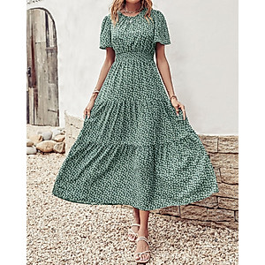 PRETTYGARDEN Women's Summer Casual Short Flutter Sleeve Round Neck Smocked Waist Tiered Boho Floral Flowy Maxi Dress(Small, Leaves Green)
