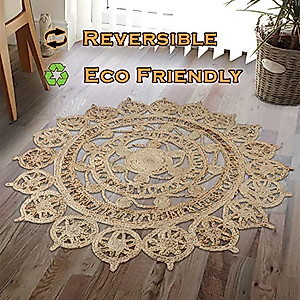 Sejal's Designs Floral Jute Rug 3 ft Handmade Floral Jute Round Rug for Stylish Choice for Any Home Living Room, Area Rugs Carpets, Door Mat Front Door Rug Rustic Rug, Low Pile Jute Rug(36INCH)