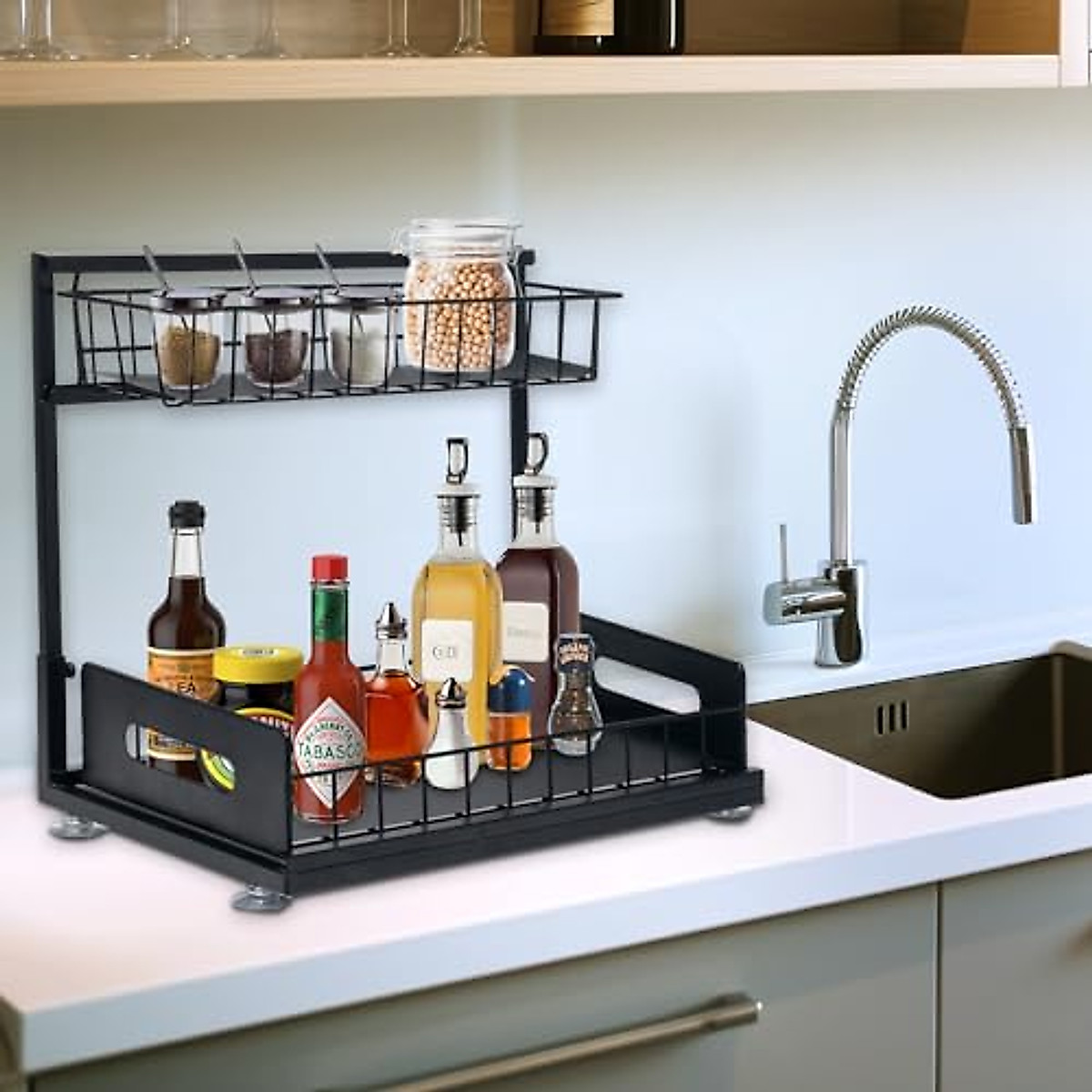 Fengligoo 2 Tier Under Sink Organizer, Black Pull Out Cabinet Organizer, Multipurpose Under Kitchen Bathroom Sink Organizer and Storage, Sliding Cabinet Organzier