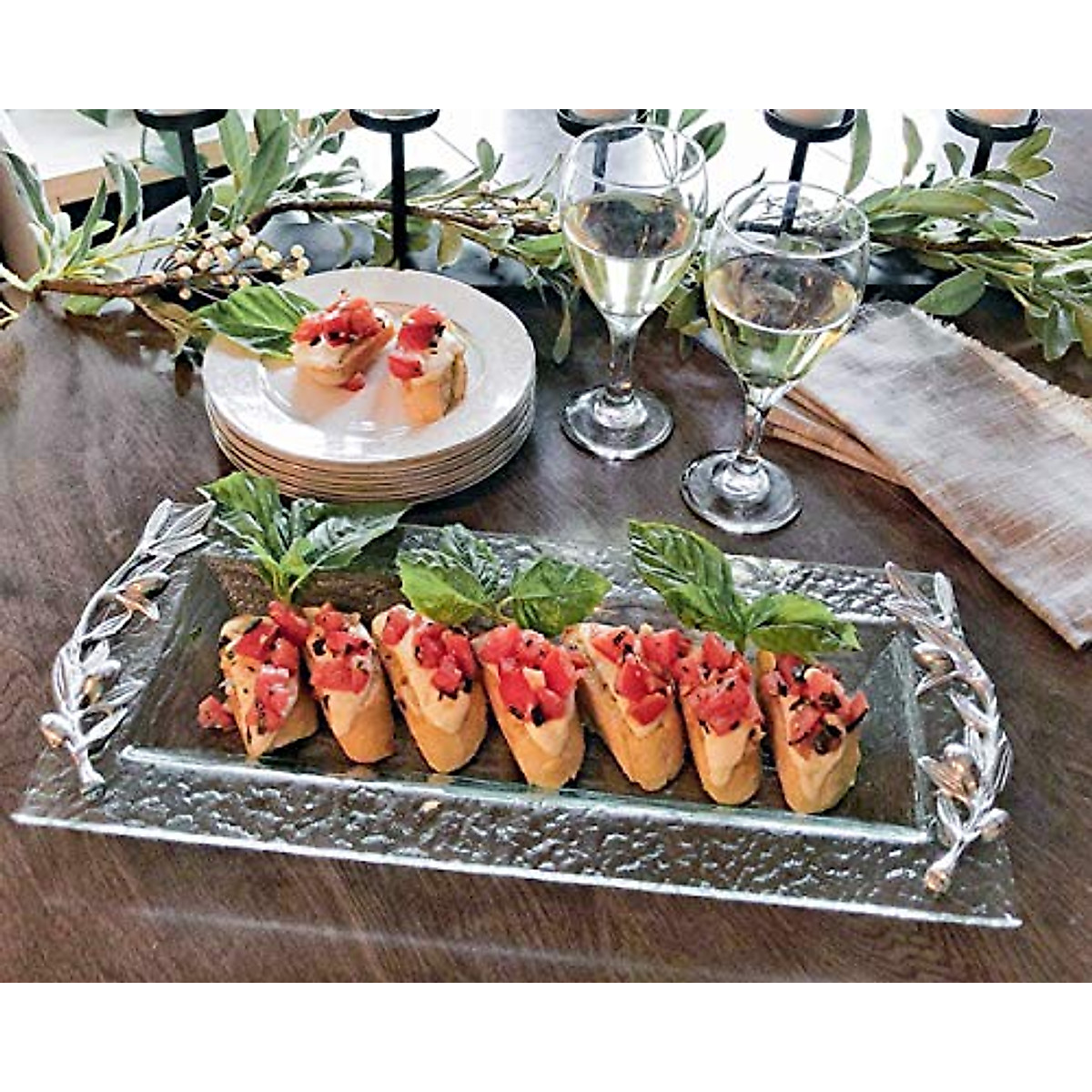 Arthur Court Glass Oblong Cheese Serving Tray with Meta Olive Handles Branch 17.5 inch x 7 inch